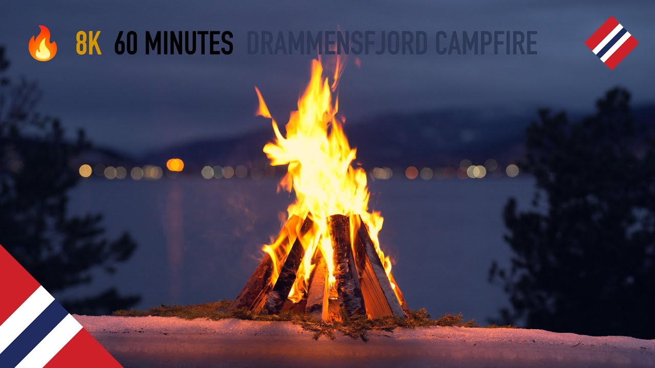 1 HOUR 8K CAMPFIRE in Drammensfjord, Norway. Crackling ambience sound ...