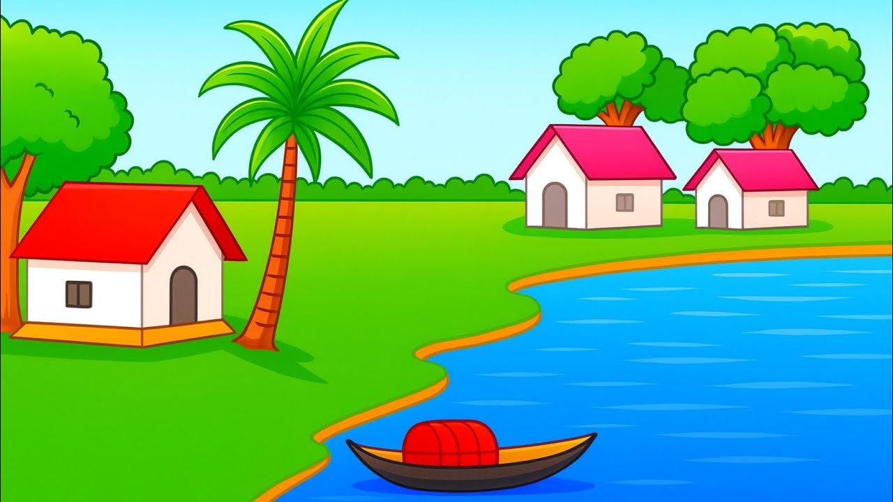 Village Scenery Drawing Tutorial Step By Step In Class 2 To 8 || Jhorna ...