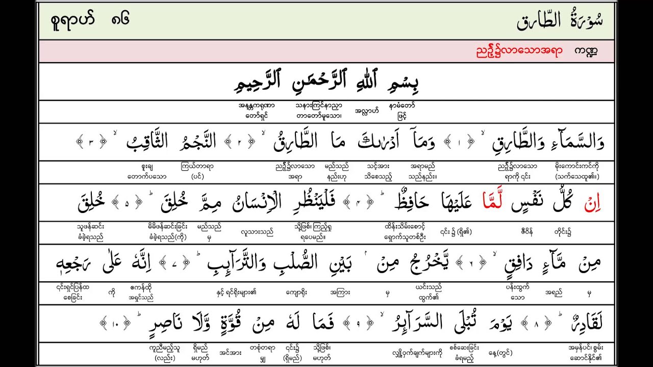 Quran Recitation Surah 086 with Word for Word Burmese Translation