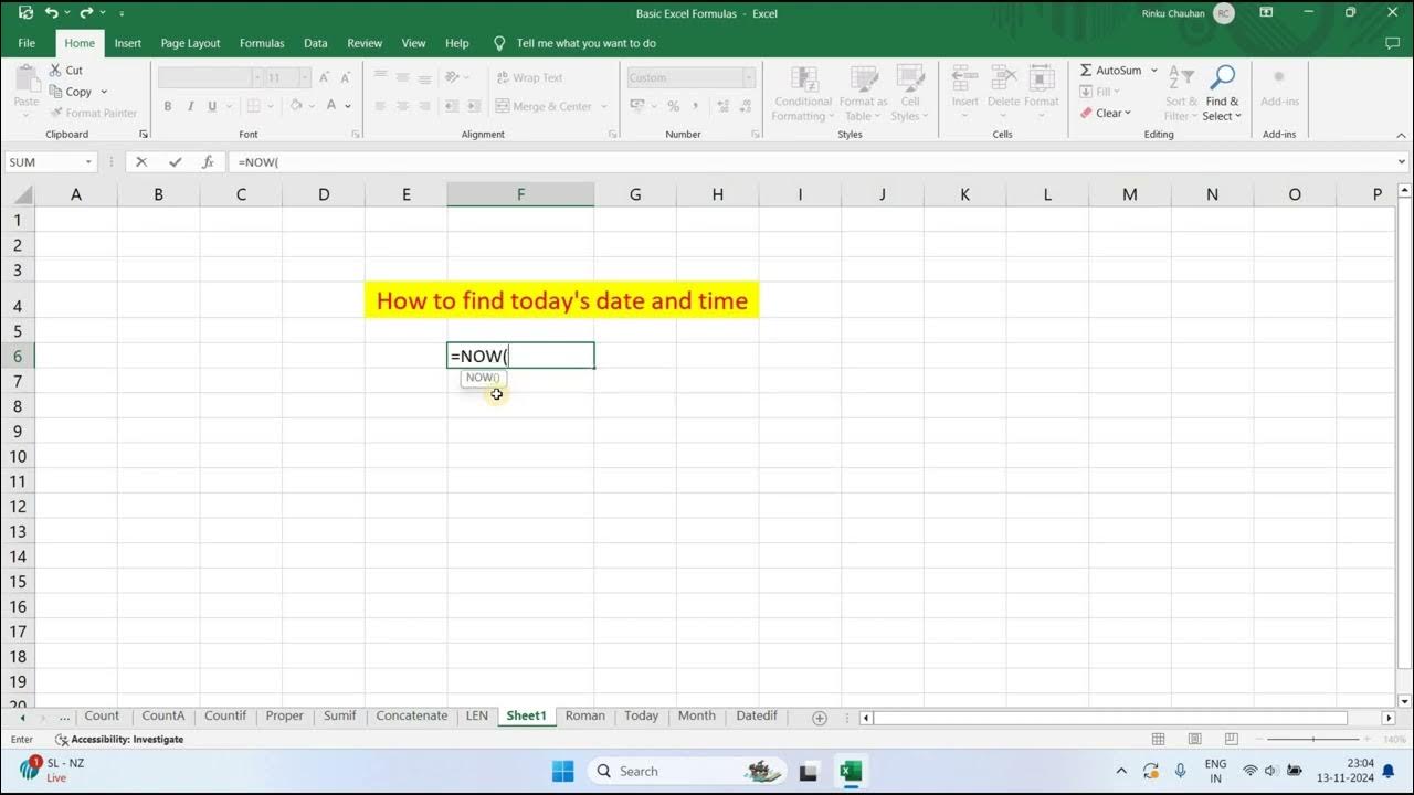 How to use Now function in Excel - YouTube
