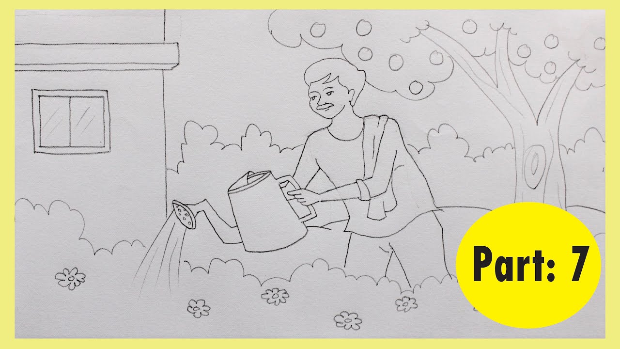 How to draw HUMAN FIGURE / DRAWING of GARDEN / Drawing of plantation ...