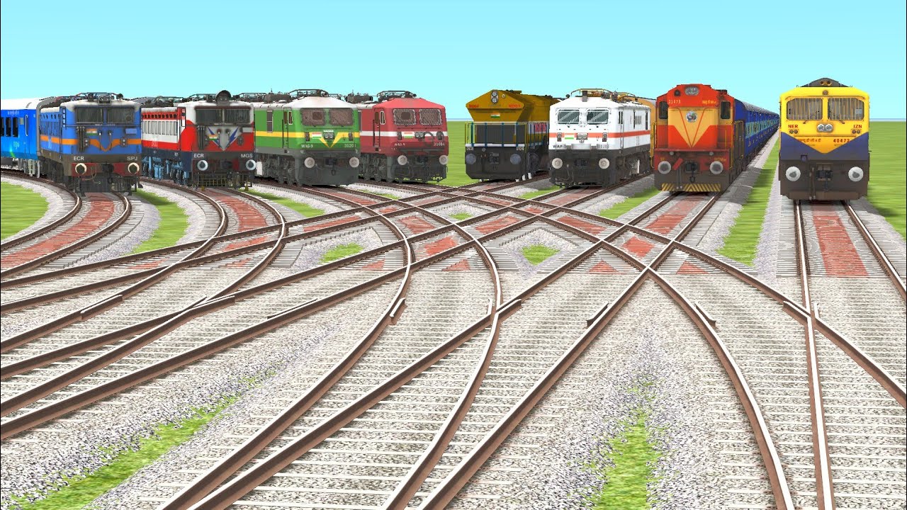 8 TRAIN CROSSING ON ONE SIDED CURVED BRANCHED RAILROAD | Electric Vs ...