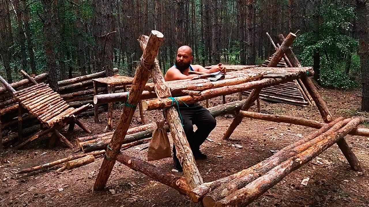 I made a big bushcraft table in my camp | woodcraft | hand tools - YouTube