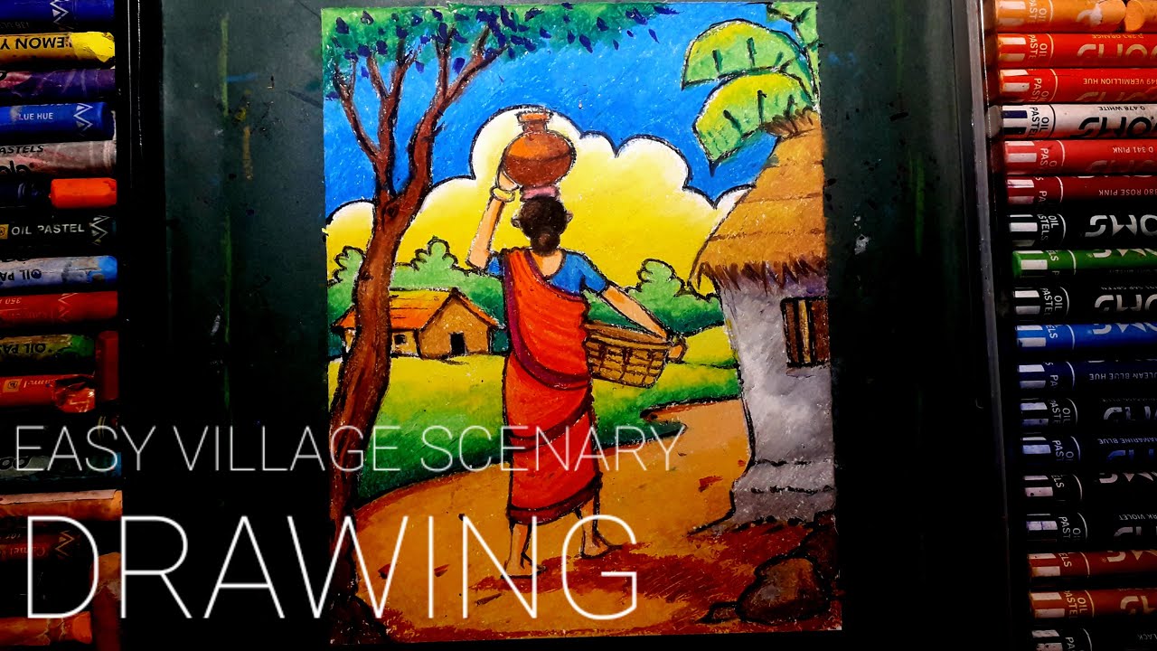 Easy village scenary drawing by oil pastel | Village women drawing ...