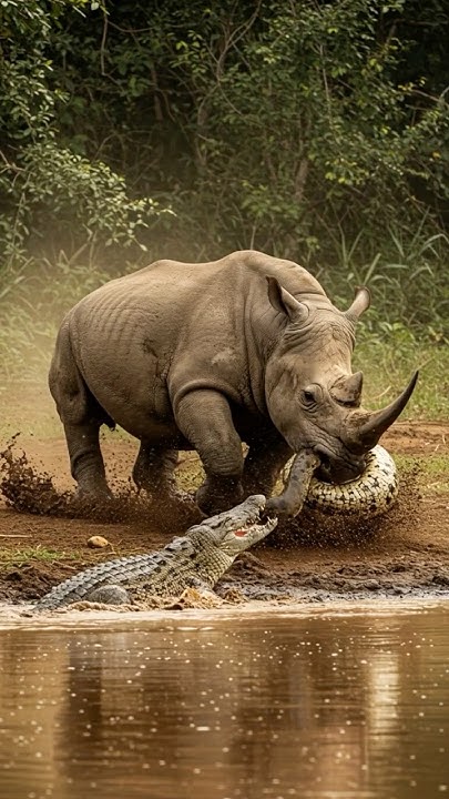 Rhino vs Crocodile and Anaconda #RhinoBattle #CrocodileVsRhino #AnacondaAttack #RiverbankFight ...