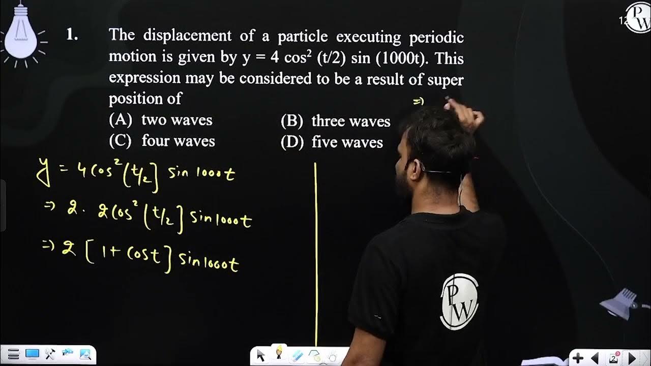 The displacement of a particle executing periodic motion is given by y = 4 cos2 (t/2) sin (1000t ...