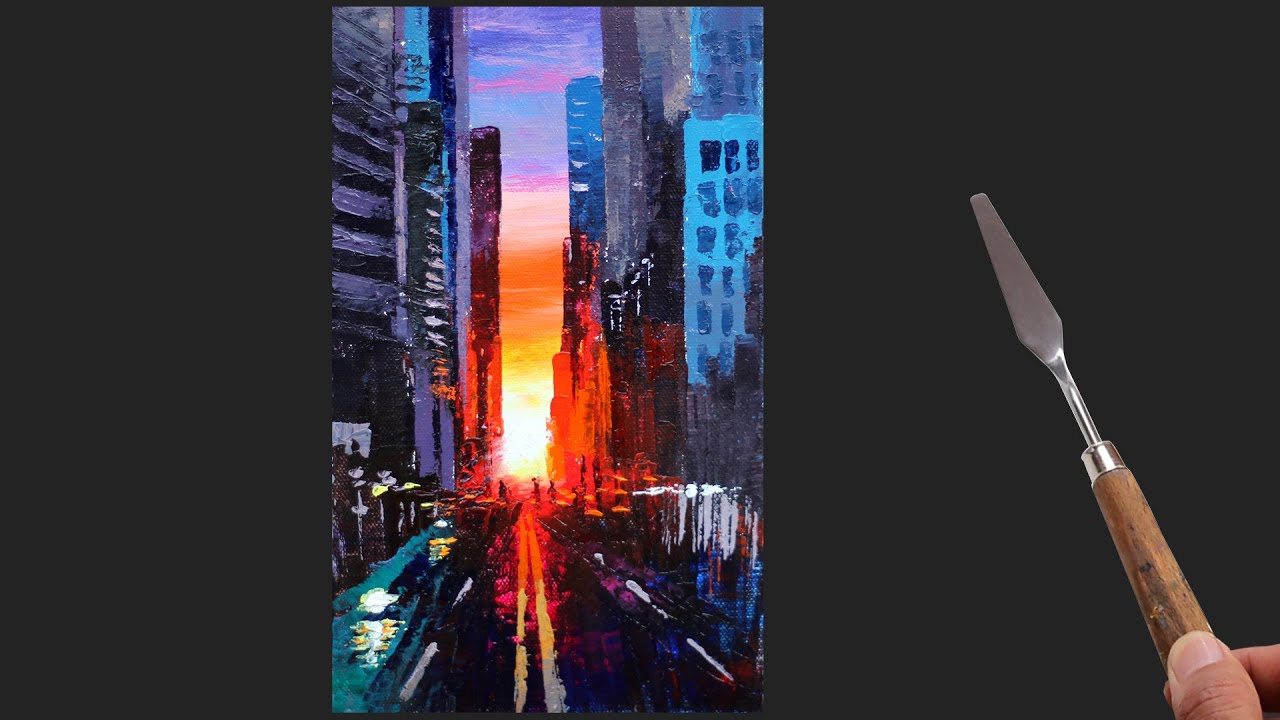 Abstract Cityscape Painting Easy / Acrylic Sunset painting tutorial ...