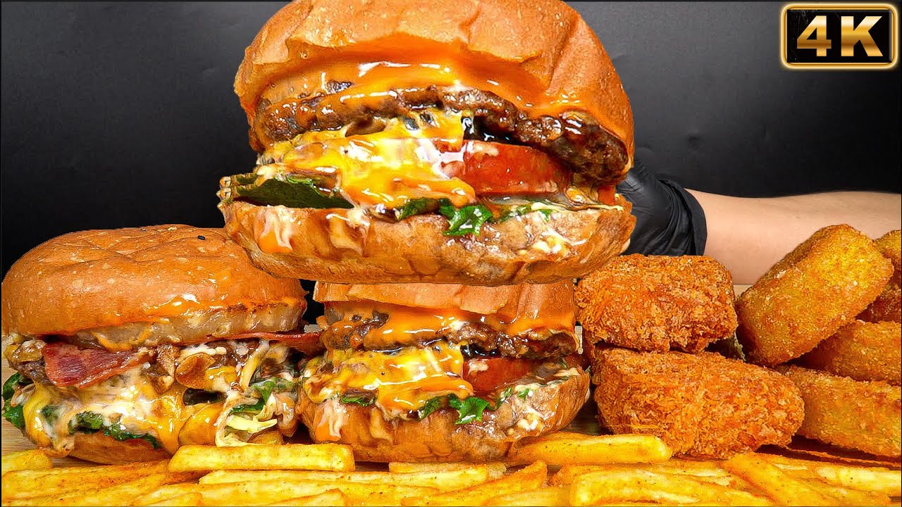 4K MUKBANG ASMR | Bubbi Bacon Cheese Burger & Plain Jane Burger 베이컨 치즈 ...