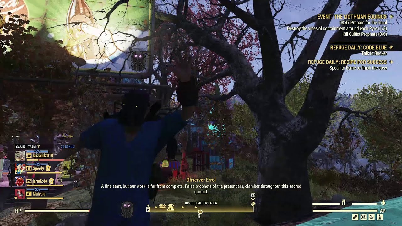 Fallout 76 Mothman Equinox Camp dance. artillery shell power armor drop ...