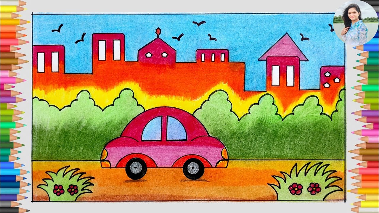 Car Scenery Drawing with Oil Pastel | How to Draw a Car Scenery Step by ...