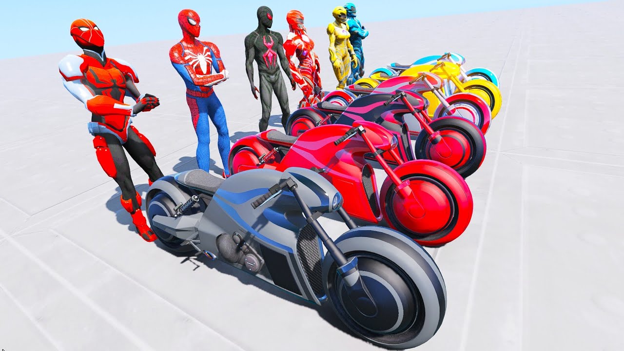 SPIDERMAN ALL SUITS VS POWER RANGERS - Superheroes Motorcycle Race ...