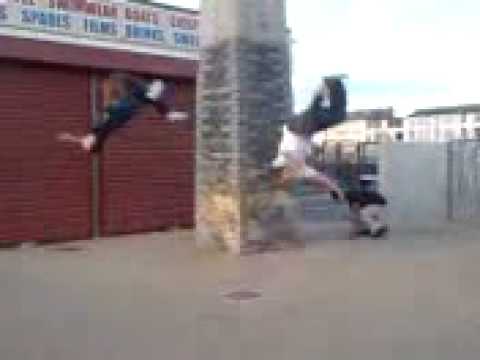 running up wall backflip 3 people - YouTube