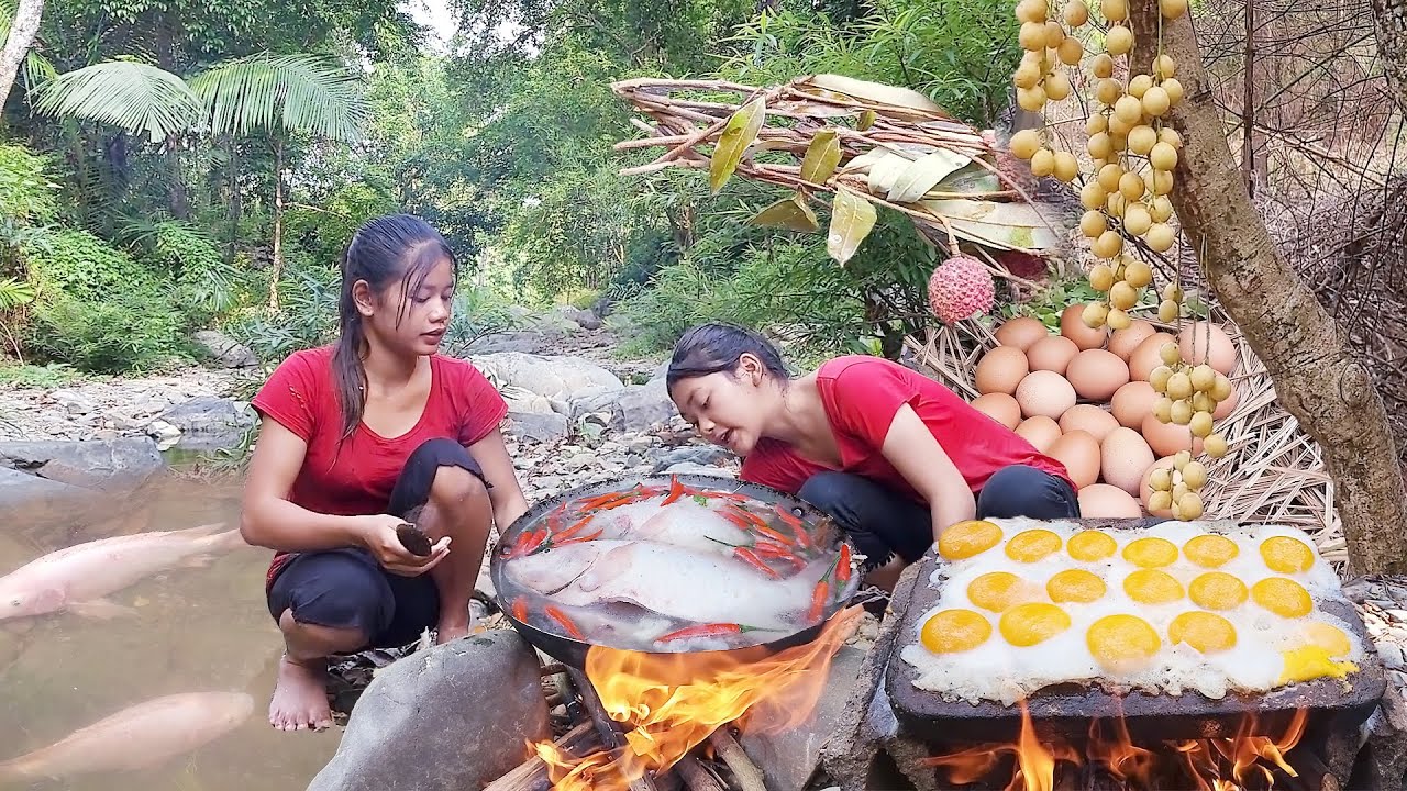 Found and Catch fish in river, Cooking fish for jungle food, Egg ...