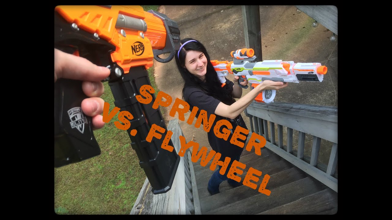 NERF WAR: Flywheel Gun Vs. Springer Gun. (Drac Vs. Draculina) - YouTube