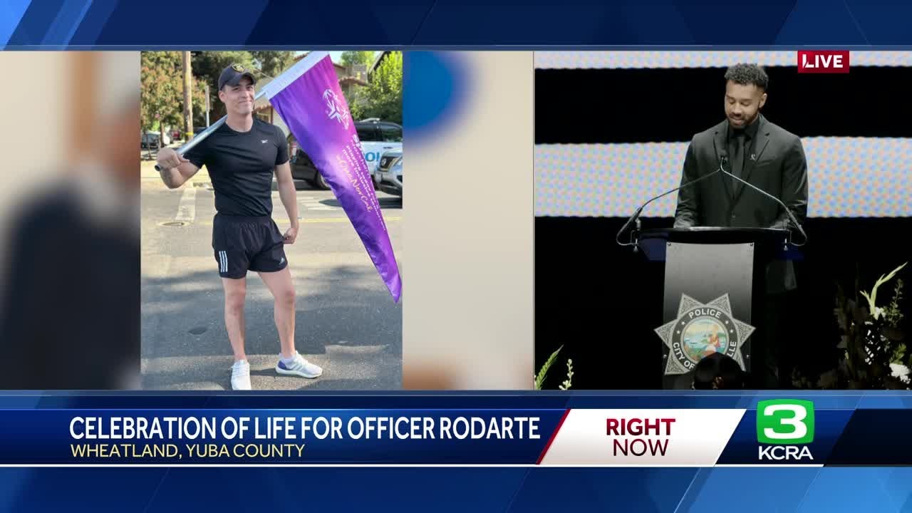 Officer Osmar Rodarte's friend Friend Antar Haqq speaks at Celebration ...