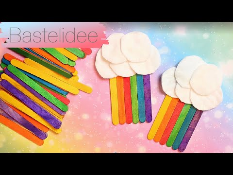 Regenbogenwolke basteln mit Kindern | Bastelideen mit Holzstäbchen ...