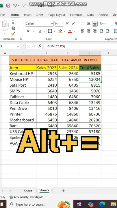 Use shortcut key of Sum Function to calculate Total Amount In Excel #shorts #excel #newtrick ...