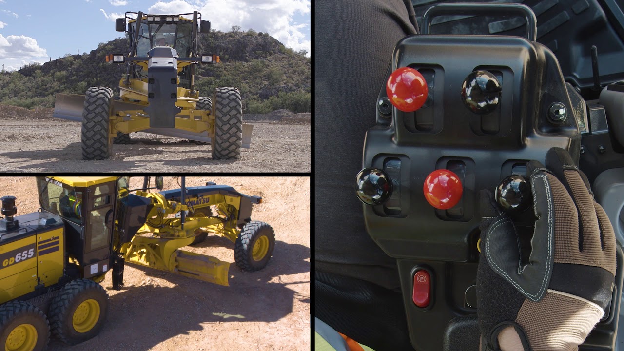 Komatsu GD655-7 motor grader operator controls - YouTube