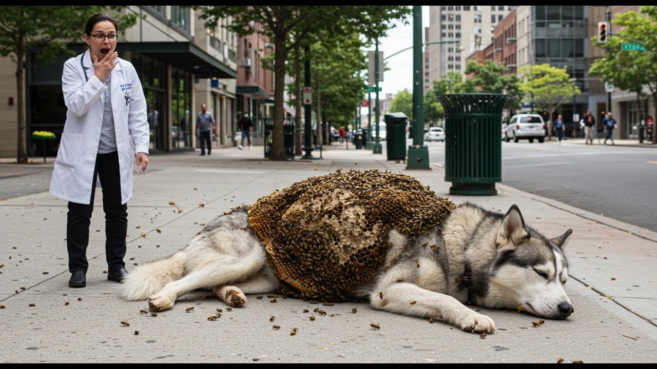 Husky mother dog rescued from thousands of bees attack - YouTube