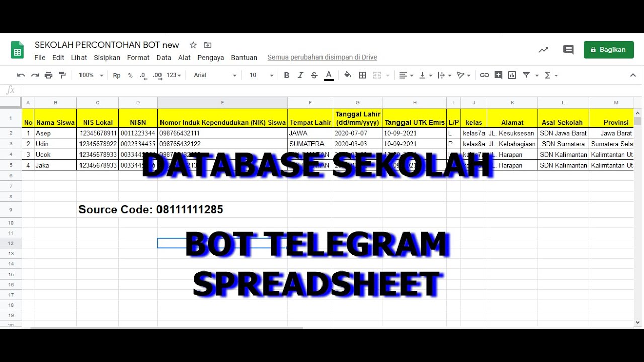 BOT TELEGRAM SPREADSHEET | DATABASE SEKOLAH | Auto Reply | Read Write ...