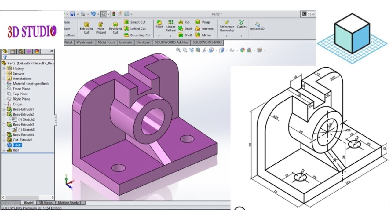 SolidWorks Tutorial # 28 Exercise | How to use Extrude | How to use Rib ...