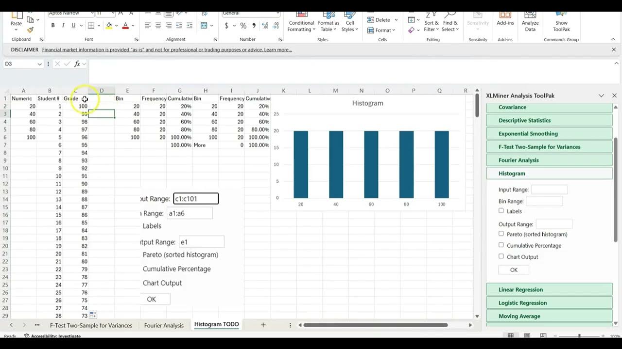 Histogram using Excel XlMiner ToolPak AddIn - YouTube