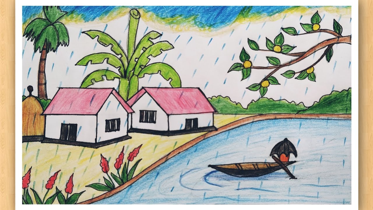 How to draw Rainy Season | বর্ষাকালের দৃশ্য আকাঁ | Rainy Season Drawing ...