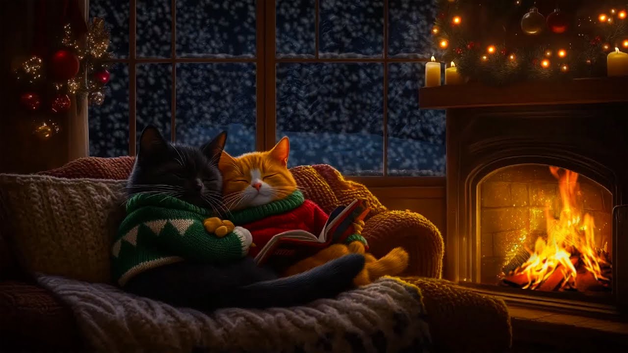 Cozy Christmas Fireplace Night 🎄 Two Cute Cats Cuddling in Sweaters ...