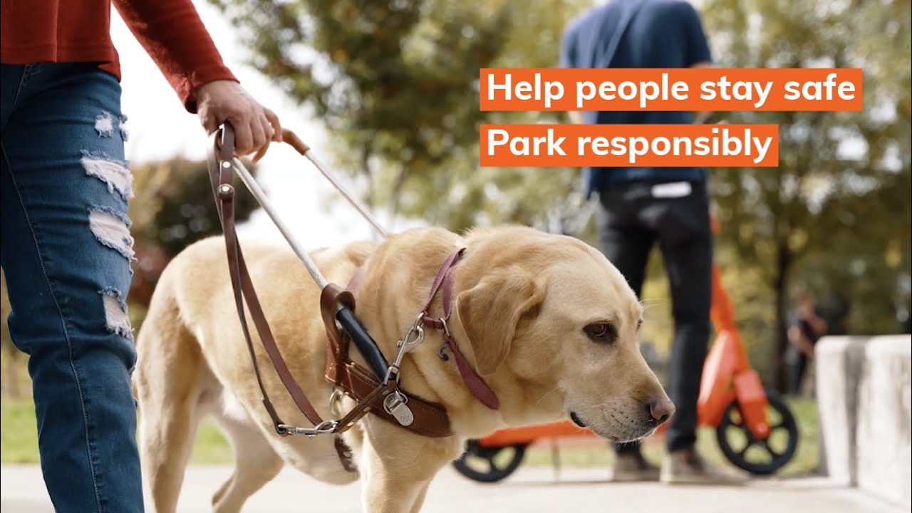 (Audio description) Guide Dogs: Park upright, and park responsibly ...