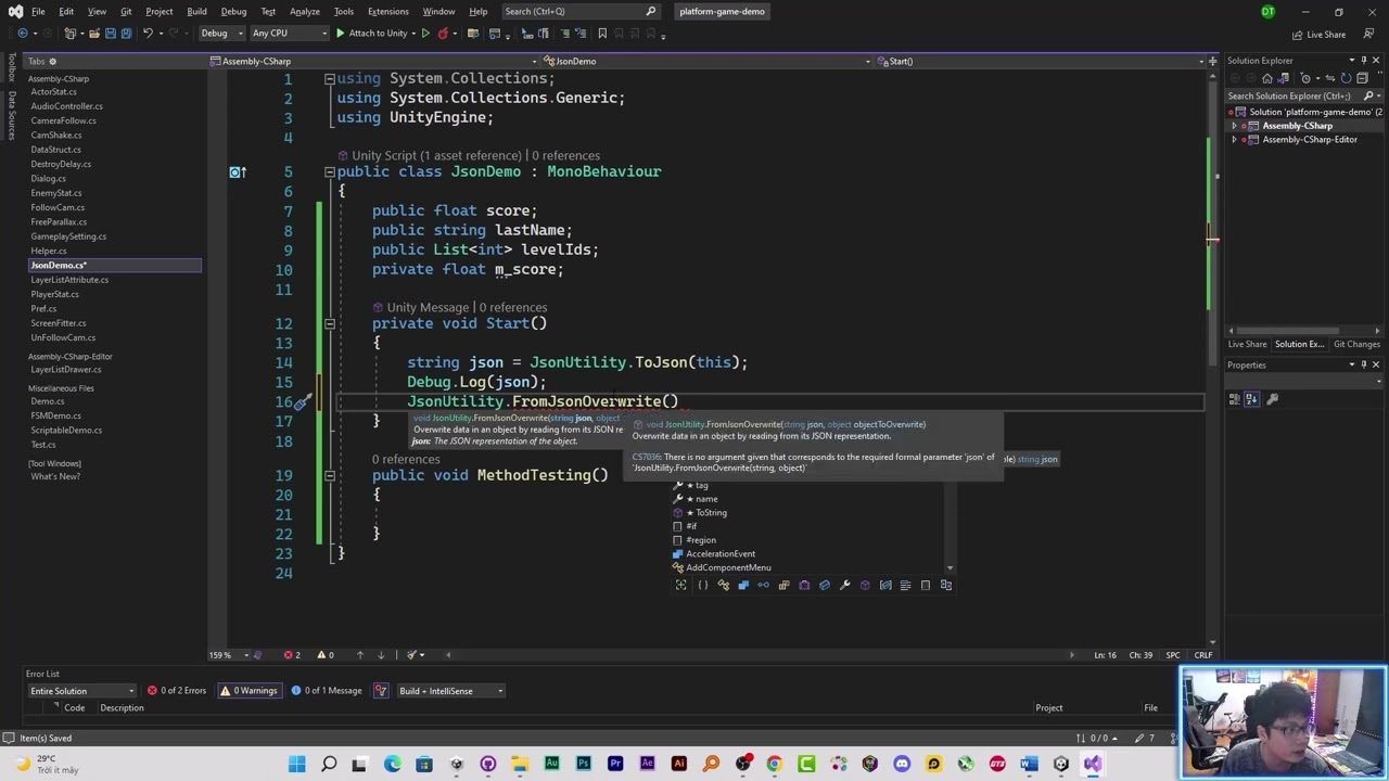 Khóa học Unity2DMastery Advanced - ToJson và FromJsonOverwrite - YouTube