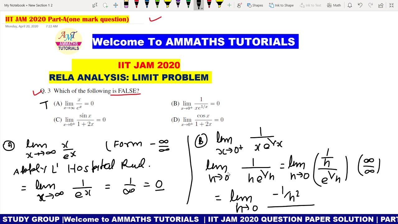 Q.3 IIT JAM 2020 MATHS SOLUTION PART-A | Limit of function | Limit ...