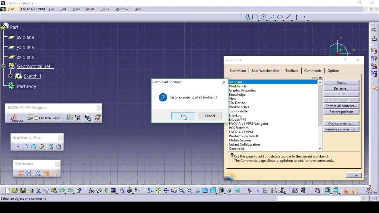 CATIA V5 Introduction | Aligning missing toolbars in UI | CATIA V5 Tutorials | CATIA V5 | - YouTube