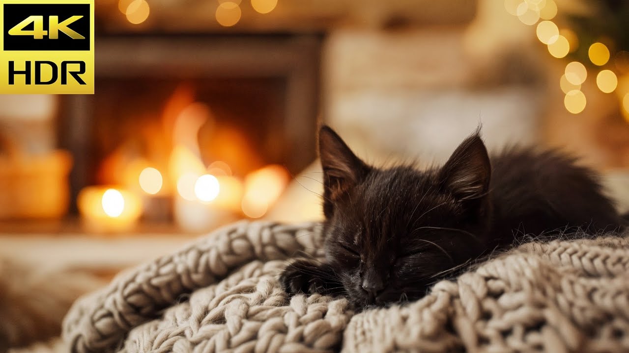 Black Kitten Sleeping by Firelight 🕯️ Gentle Purring & Fireplace Sounds ...