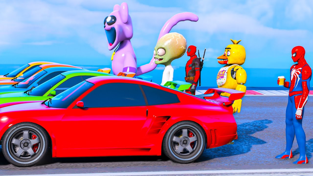 SPIDERMAN, CAT NAP TOY, FNAF JOIN A STUNT RACE CHALLENGE #878 - YouTube