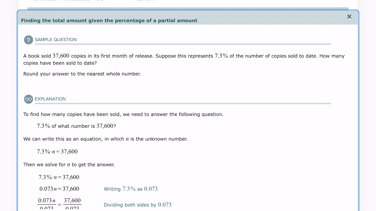 Finding The Total Amount Given The Percentage Of A Partial Amount YouTube