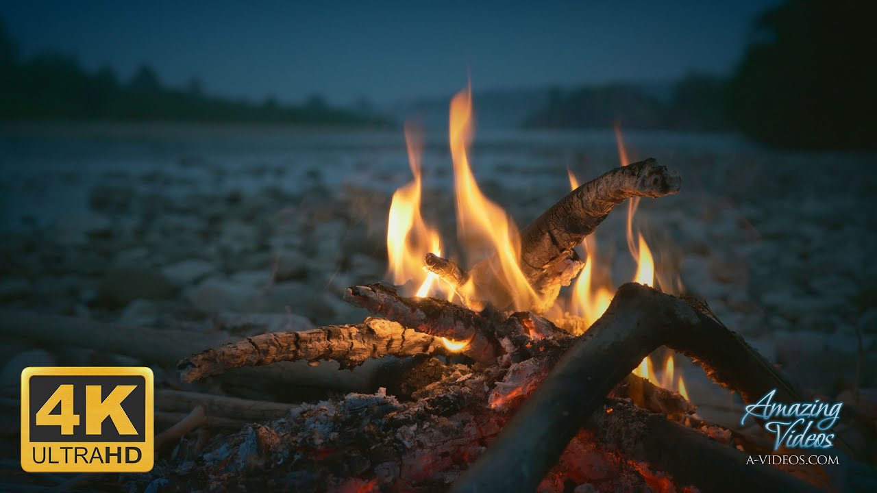3 HOURS Relaxing Cinematic Campfire Near Mountain River. Soothing Video ...