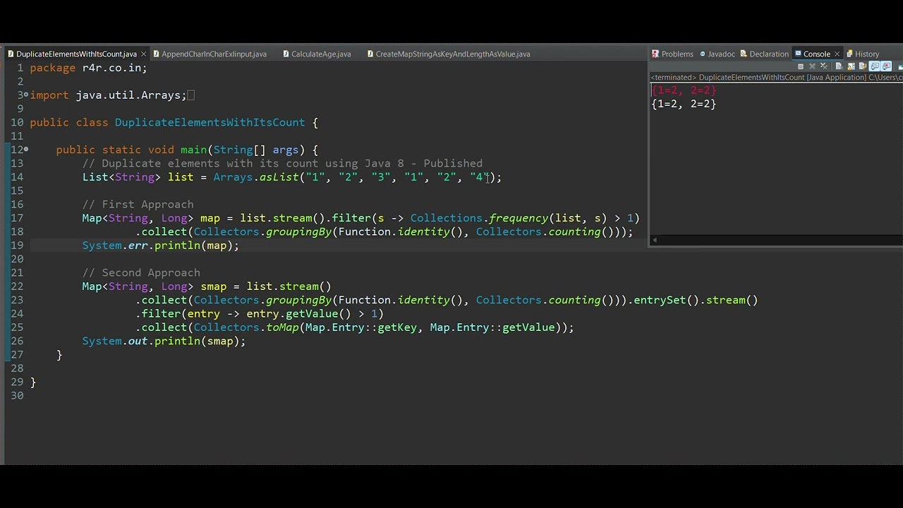 Java8 Duplicate Elements With Its Count Using Java 8 Youtube 0155