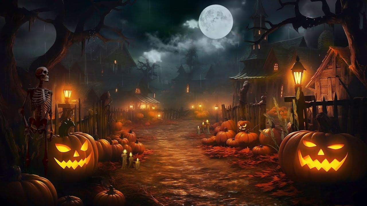 Spooky Halloween Village Ambience - Heavy Rain and Thunder - Relaxing ...