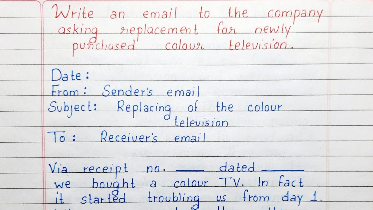 Write an email to the company asking replacement for newly purchased ...