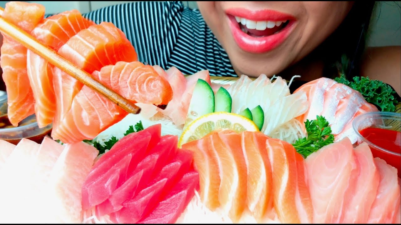 ASMR SASHIMI PLATTER SUSHI SALMON TUNA ABALONE YELLOWTAIL 먹방 *No ...