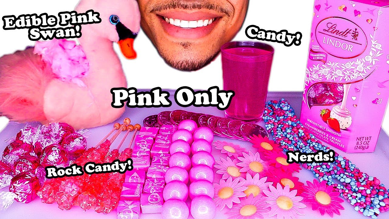 ASMR Pink Foods Only Candy Balls, Nerds Rope, Edible Coins, Starburst ...