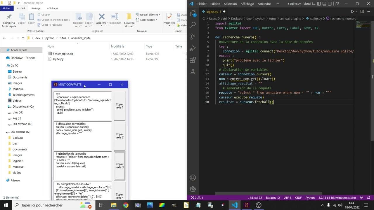 tuto python : ouvrir une base de données SQLite et l'exploiter (avec interface graphique tkinter ...