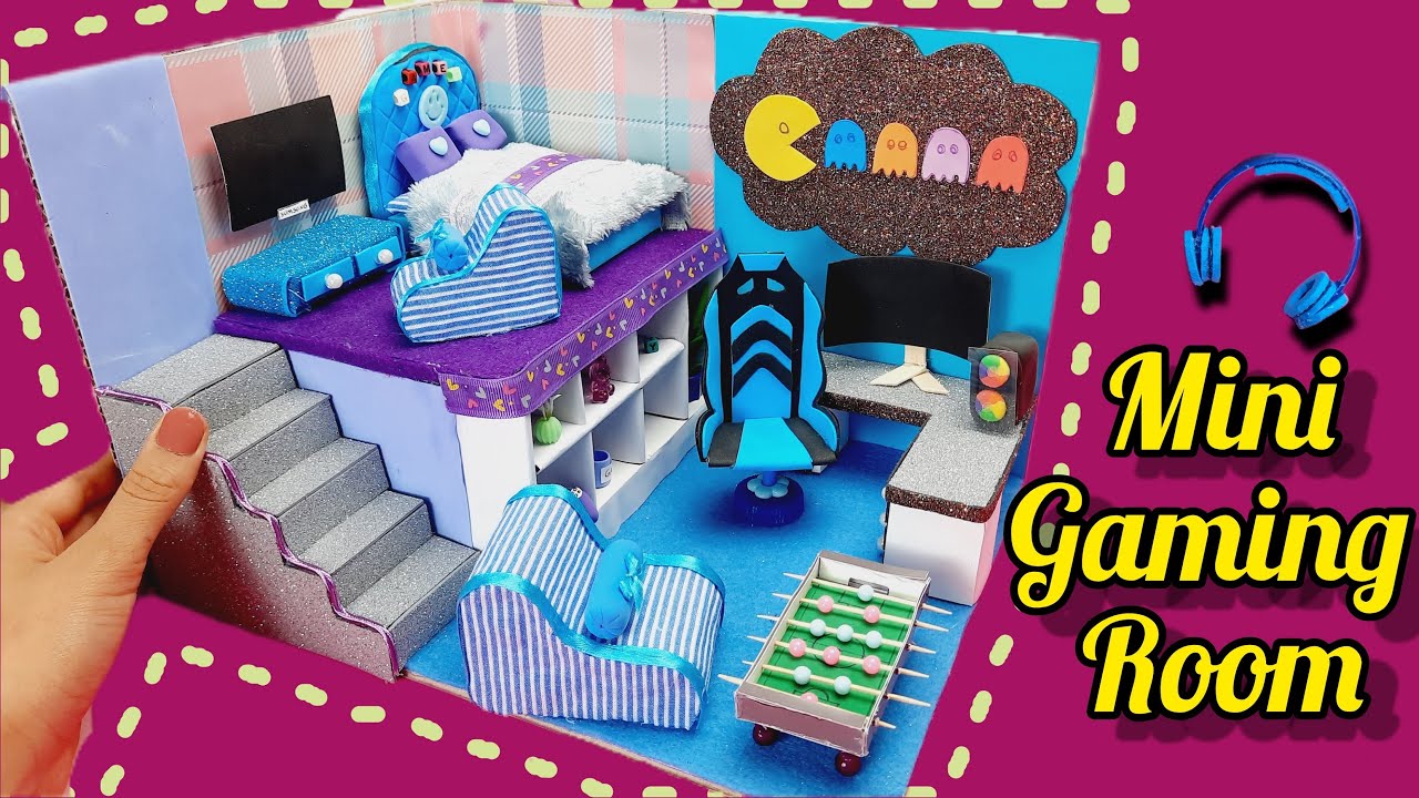 building a miniature gaming room out of cardboard with foosball table ...