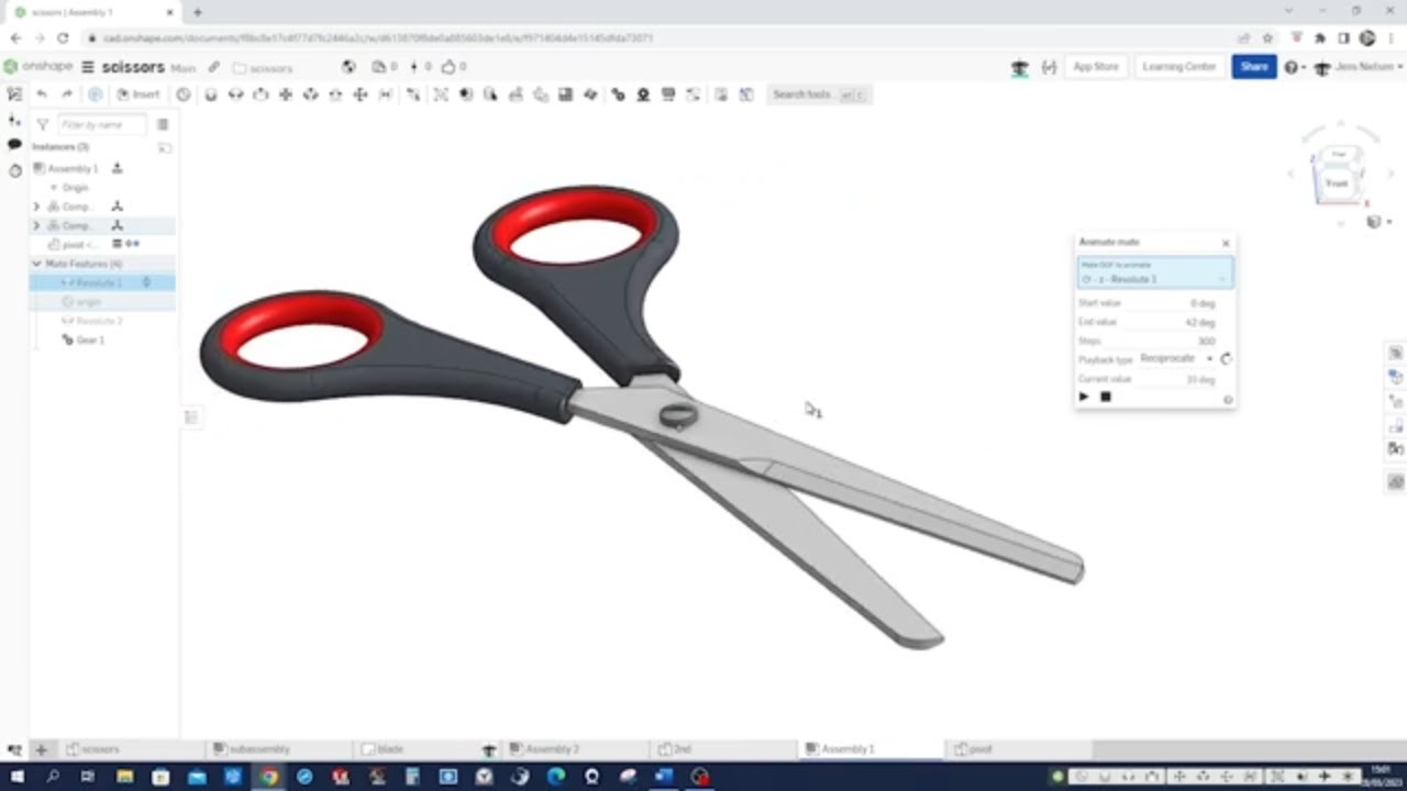onshape scissors assembly tutorial: model, assemble and animate - YouTube
