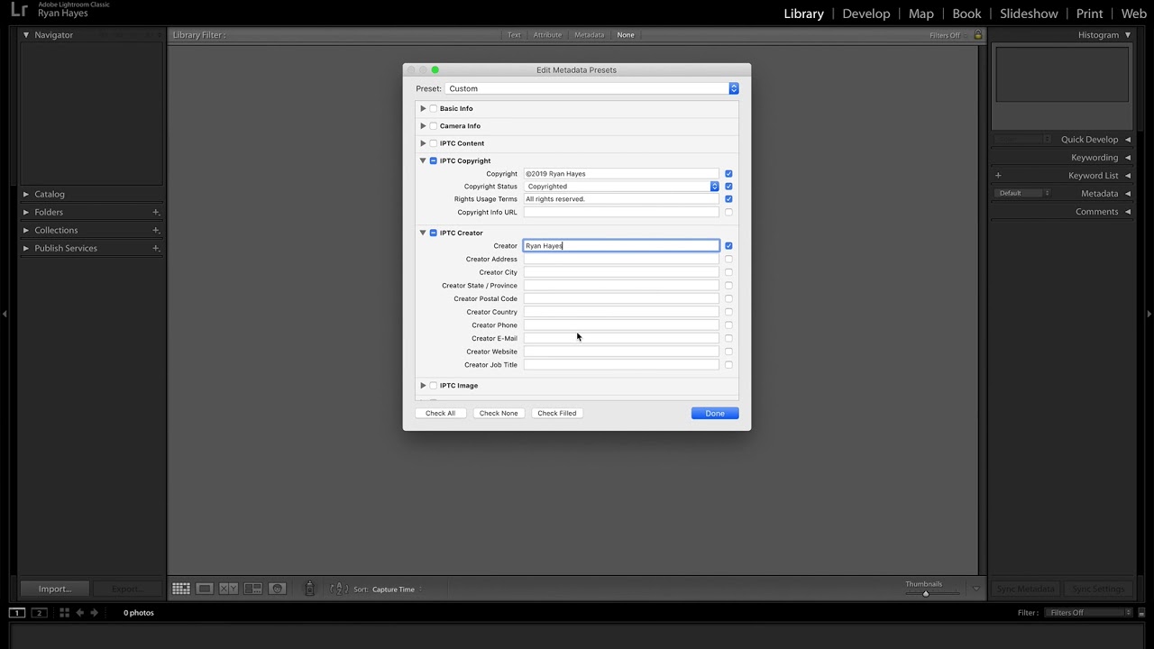 Lightroom Classic | Library Module | 01 Creating Metadata Presets - YouTube