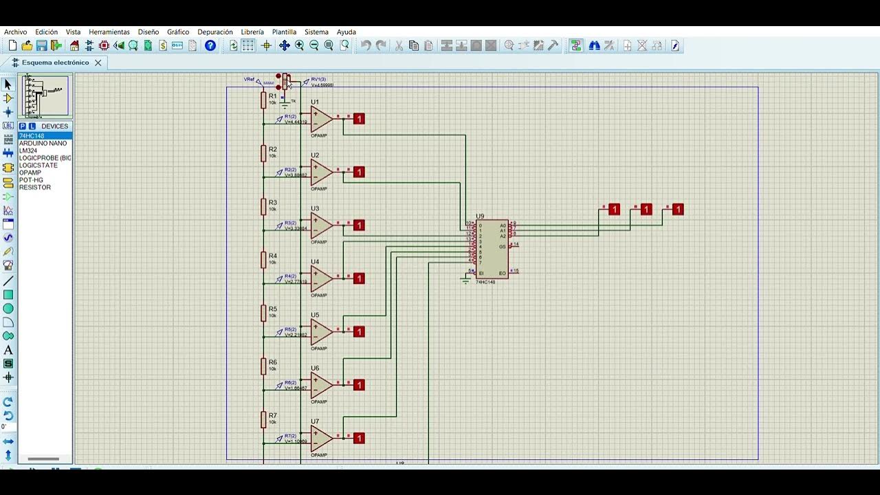 Practica Laboratorio 6 ADC 3 bits Proteus 8 Professional Esquema electrónico - YouTube