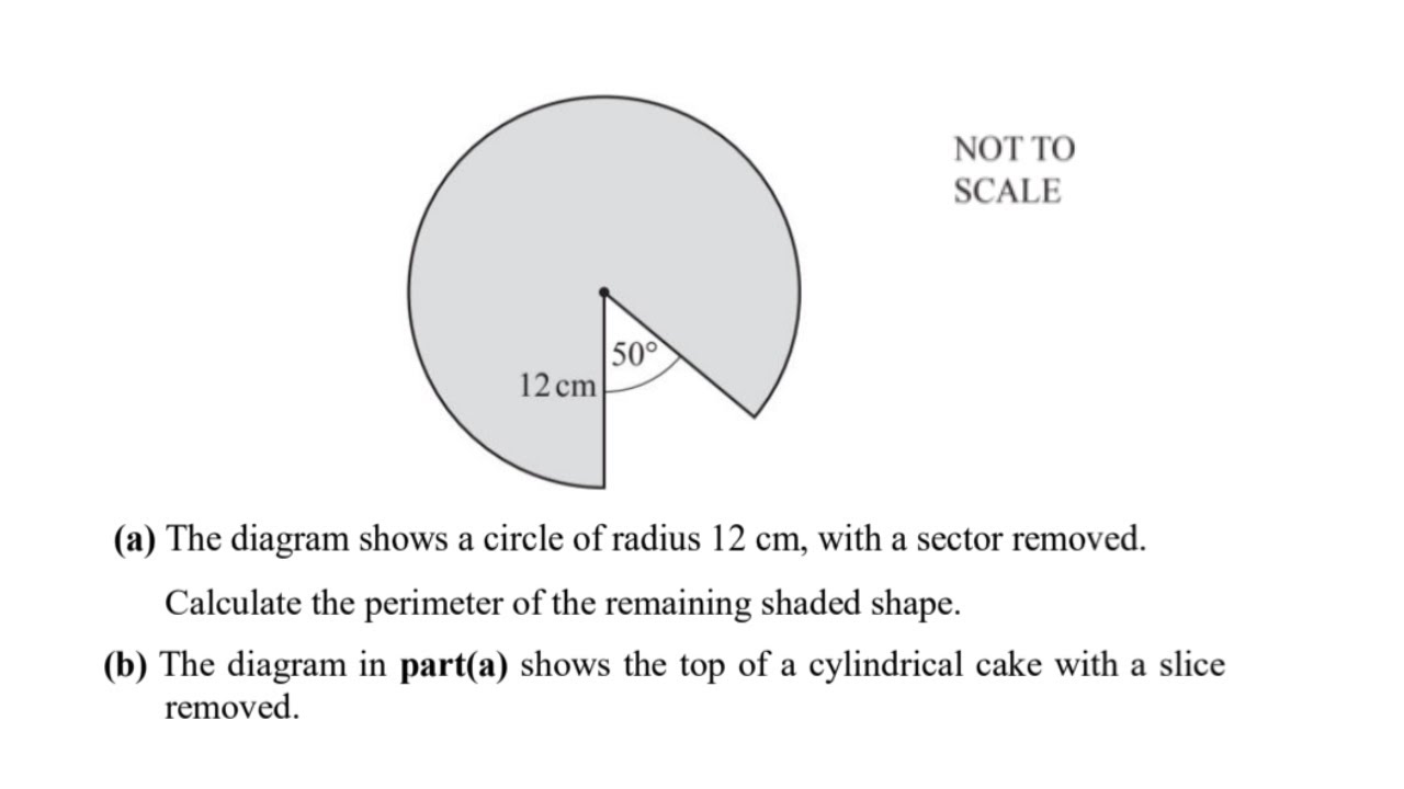 The diagram shows a circle of radius 12 cm, with a sector removed ...