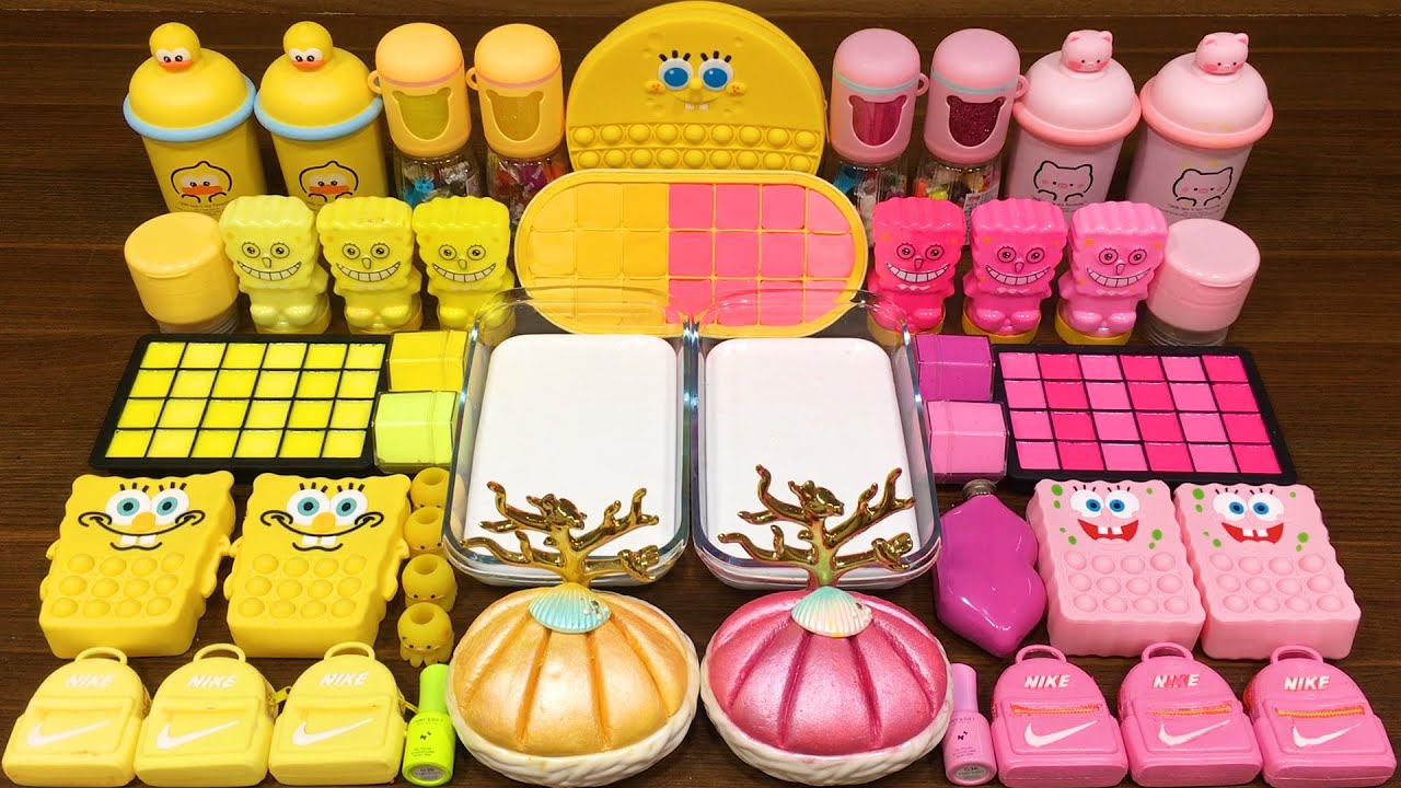 YELLOW vs PINK !!! Mixing random into GLOSSY slime !!! Satisfying Slime ...