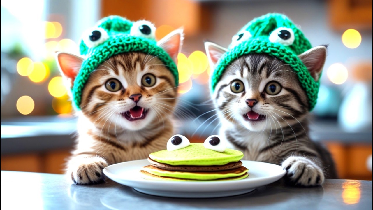 【こねこキッチン】雨の日にカエルの抹茶パンケーキをつくってみた！🐸A cat ,Shima, made frog-shaped matcha ...