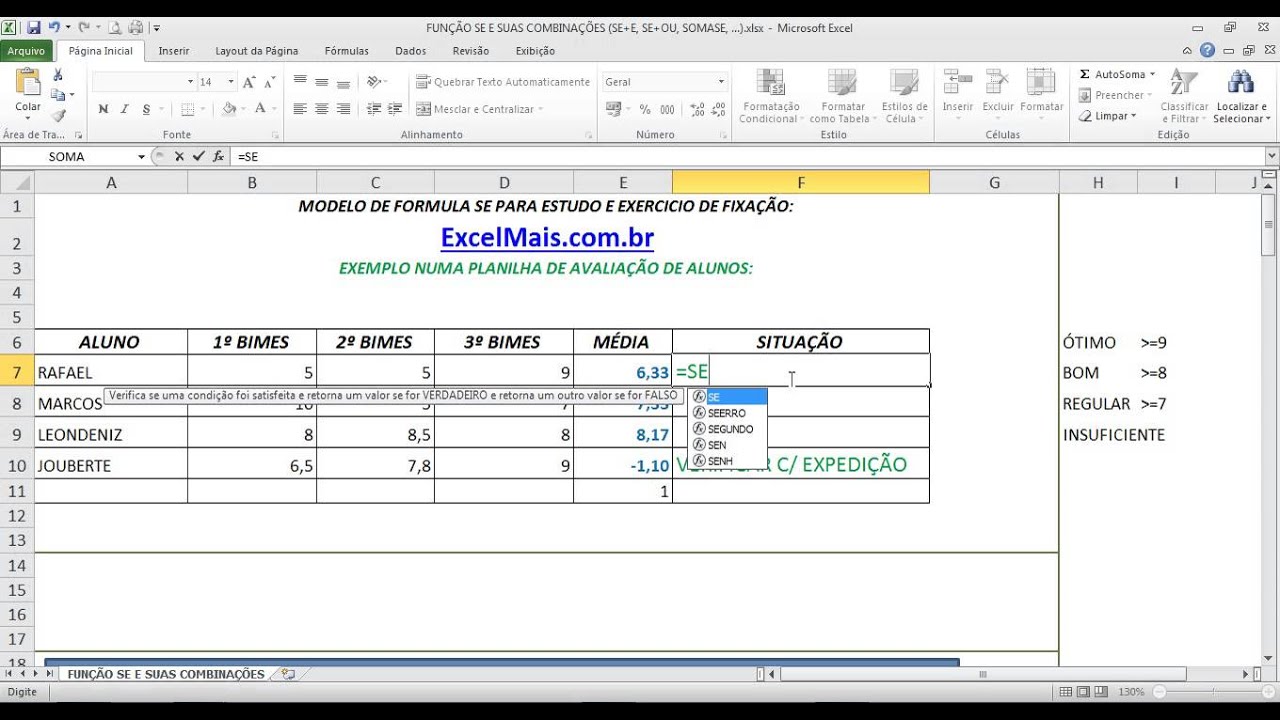 Como Utilizar a Função SE no Excel - YouTube